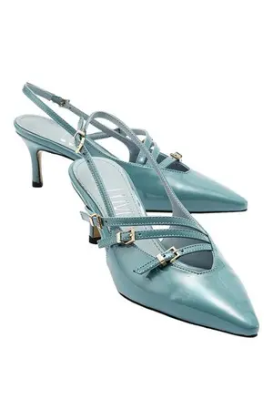 PROLOGUE SHOES Pointed-Toe Slingback Stiletto Blue Patent Faux Leather