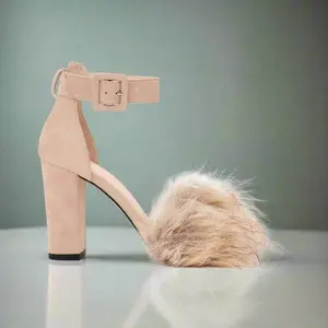 TIANNIA BARNES Kid Suede Sandal With Faux Fur - Beige Suede And Fur
