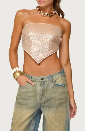 EDIKTED Sequin Strapless Handkerchief Crop Top - Beige