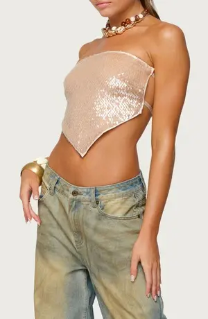 EDIKTED Sequin Strapless Handkerchief Crop Top - Beige