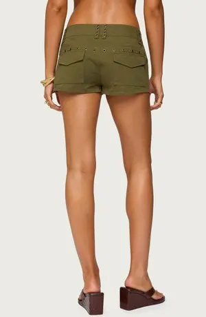 EDIKTED Low Rise Twill Shorts - Olive-washed