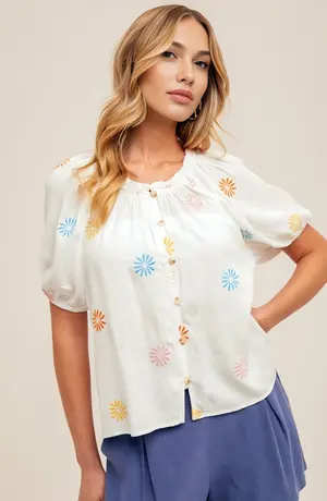 KNIT & LOUNGE Embroidered Puff Sleeve Blouse