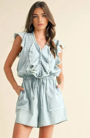 KNIT & LOUNGE Sleeveless Button-front Romper With Ruffle Trim - Light Blue