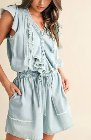 KNIT & LOUNGE Sleeveless Button-front Romper With Ruffle Trim