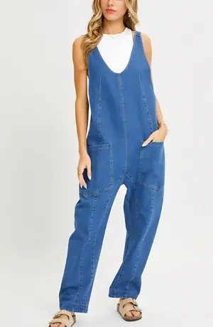 KNIT & LOUNGE Relaxed Fit Sleeveless Denim Overalls - Denim Blue