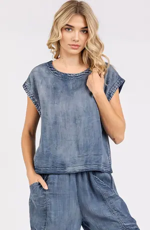 KNIT & LOUNGE Washed Cap Sleeve Top With Back Button Detail