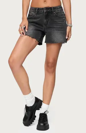 EDIKTED Low Rise Raw Hem Denim Shorts - Black