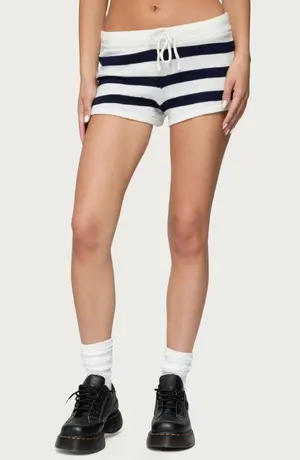 EDIKTED Amaris Stripe Drawstring Cotton Shorts - Navy
