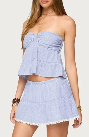 EDIKTED Striped Strapless Tiered Top