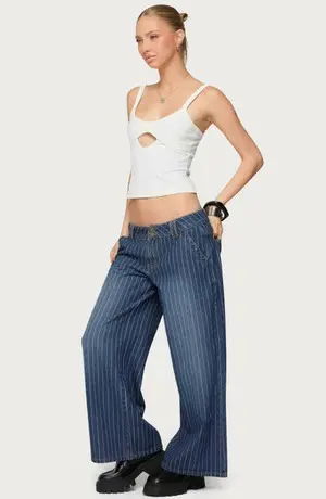 EDIKTED Cory Stripe Low Rise Wide Leg Jeans - Blue