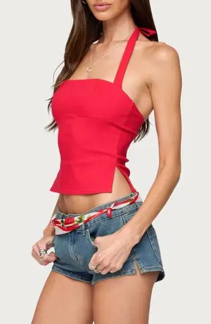 EDIKTED Halter Top With Side Slits - Red