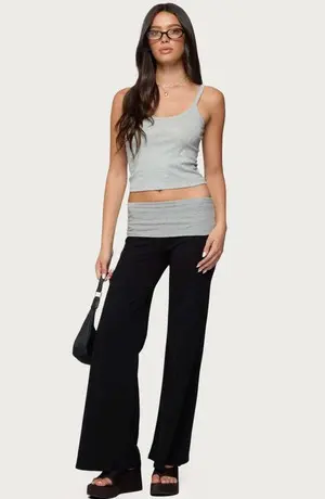 EDIKTED Contrast Foldover Wide Leg Pants - Black