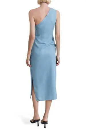 Mango Pleated One-shoulder Chambray Dress - Medium Blue