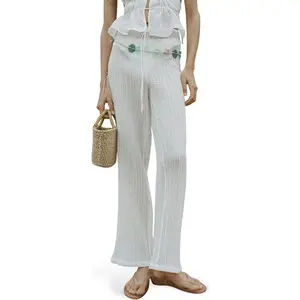 Mango Satin Drawstring Wide Leg Pants - White