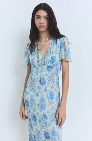 Mango Floral Print Chiffon Midi Dress