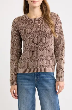 CITY BLUES Distressed Wash Openwork Sweater - Chocolate