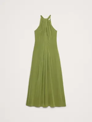 Banana Republic Women's Matte Silk Halter Maxi Dress Willow Green Tall Size 16