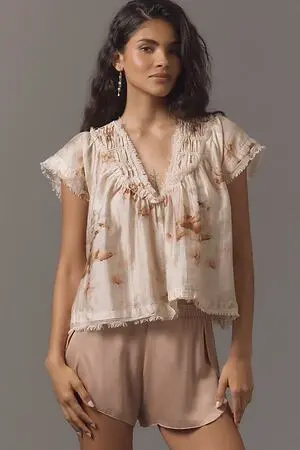 Anthropologie Smocked Yoke Blouse - Ivory Pattern