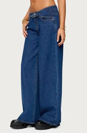 EDIKTED Edie Belted Wide Leg Jeans - Blue