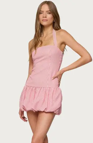 EDIKTED Pinstripe Bubble Hem Halter Minidress - Red