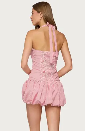 EDIKTED Pinstripe Bubble Hem Halter Minidress - Red
