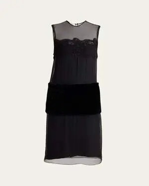 FERRAGAMO Silk Chiffon Velvet Panel Midi Dress