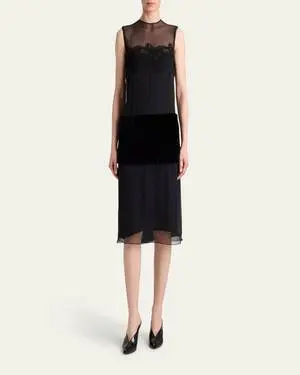 FERRAGAMO Silk Chiffon Velvet Panel Midi Dress