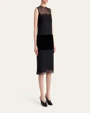 FERRAGAMO Silk Chiffon Velvet Panel Midi Dress