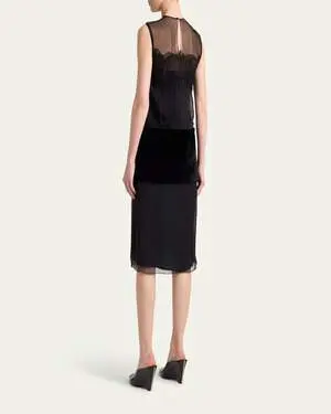 FERRAGAMO Silk Chiffon Velvet Panel Midi Dress