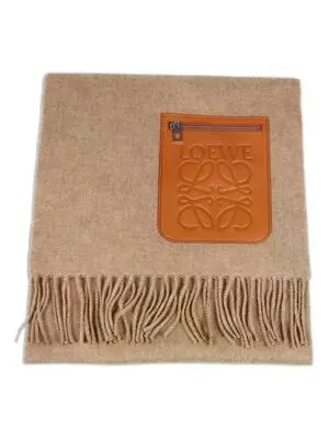 Loewe Leather-patch Fringed Scarf - Neutrals