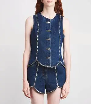 Sandro Embellished Denim Top - Blue