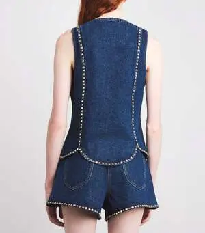 Sandro Embellished Denim Top - Blue