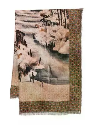 PIERRE-LOUIS MASCIA Landscape-print Fringed Scarf - Brown