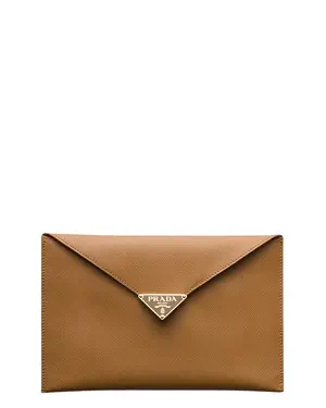 Prada Saffiano Leather Envelope Clutch With Card Slots - Brown