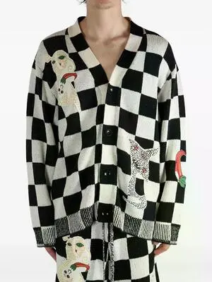THE ELDER STATESMAN Nora Lite Creatures Check-pattern Embroidered Cardigan - Black
