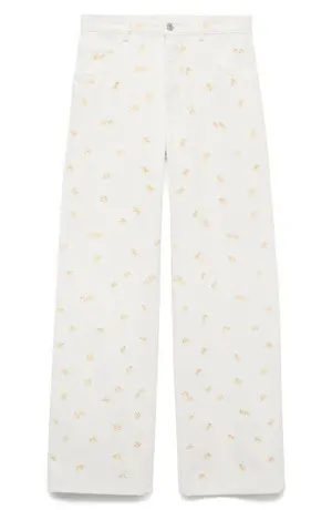 Mango Flower Embroidered Wide Leg Jeans - Off White