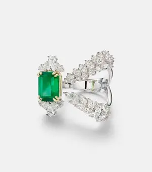 Yeprem 18kt White Gold Ring With Emerald And Diamonds - Silver