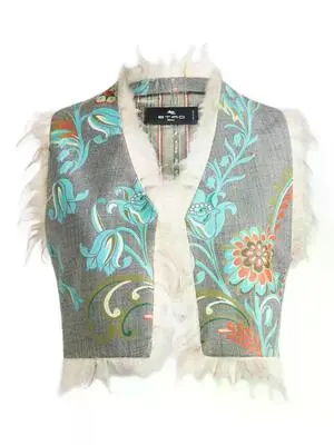 Etro Floral-print Fringed Waistcoat - Grey