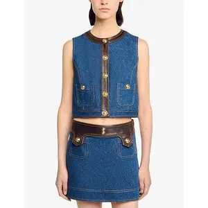 Sandro Leather-trimmed Denim Button-down Top