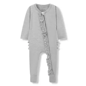 MILKBARN Luxe Solid Ruffle Zipper Footed Romper - Grey Melange