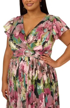 Adrianna Papell Metallic Floral Maxi Cocktail Dress