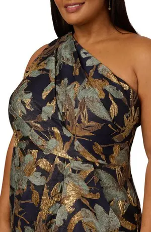 Adrianna Papell Floral Jacquard One Shoulder Mermaid Gown - Blue/Gold |  Editorialist