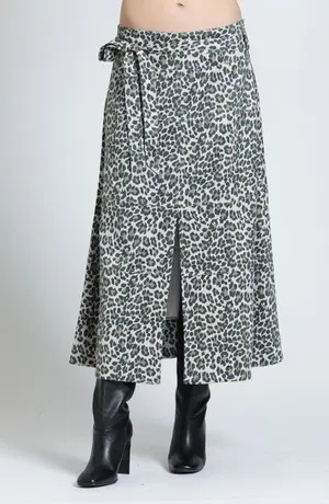 APNY Faux Suede Paneled A-line Midi Skirt - Desert Leopard