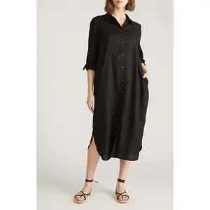 Universal Standard Odeon Long Sleeve Stretch Linen Blend Shirtdress - Black