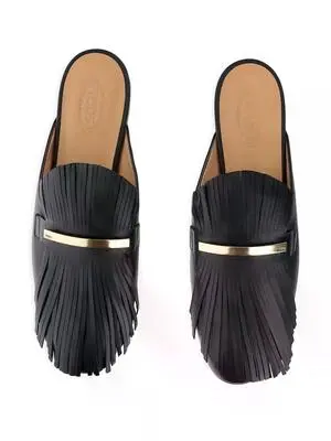 TOD'S Fringed Leather Mules - Black