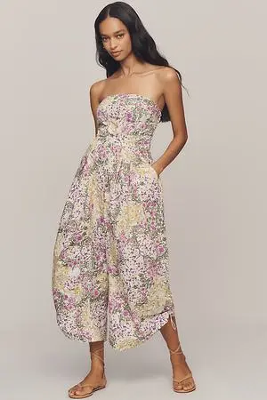 Anthropologie Strapless Ruched Printed Jumpsuit - Purple Pattern