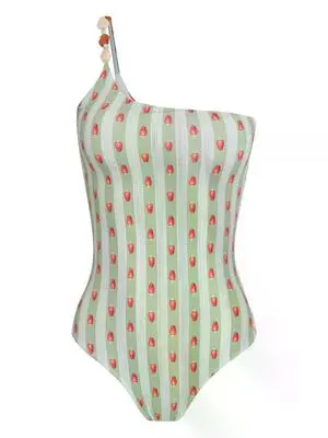 BRIGITTE Strawberry-print One-shoulder Swimsuit - Green
