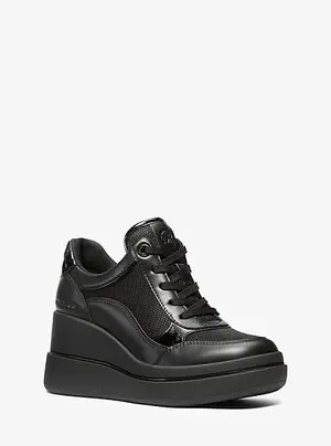 Michael Kors Leather And Mesh Wedge Trainer - Black