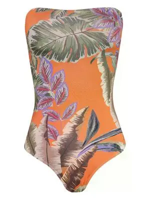 BRIGITTE Leaf-print Halter Swimsuit - Orange