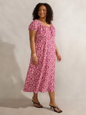 LIVE UNLIMITED Floral Gathered Neck Midi Dress - Pink